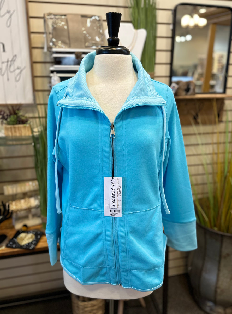 Lulu B Reversible Bucket Neck Zip Front Striped Jacket - Turquoise – E ...